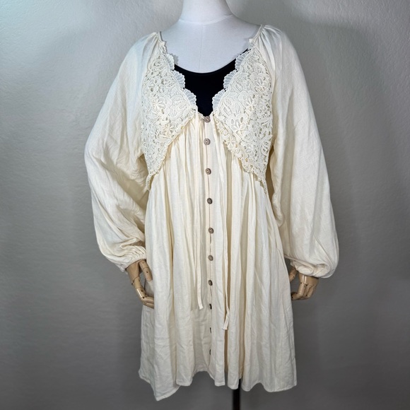 Listicle | Dresses | Listicle Beige Crochet Lace Button Front Boho ...